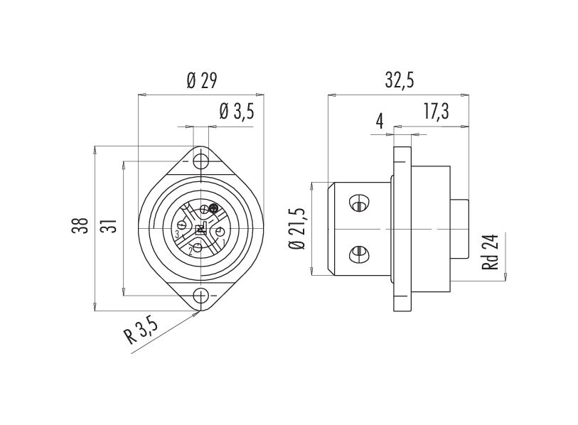RD24, Female panel mount connector, IP67, unshielded, Contacts: 3+PE ...