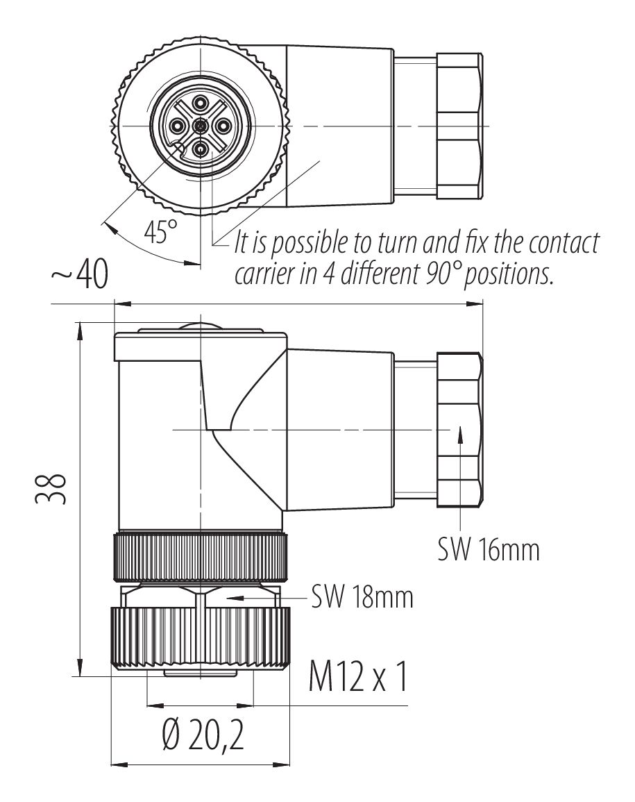 M12, Female angled connector, IP67, unshielded, Contacts: 5 | 99 0436 52 05